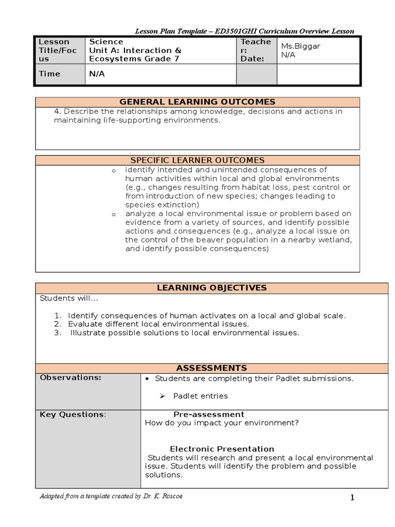 General Learning Outcomes: Lesson Title/Foc Us Science Unit A ...