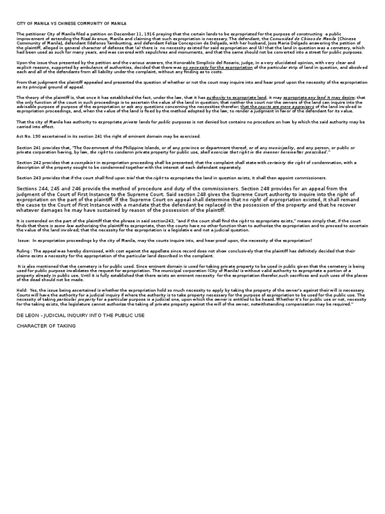 Manila's Expropriation Case Explained | PDF | Eminent Domain | Public ...