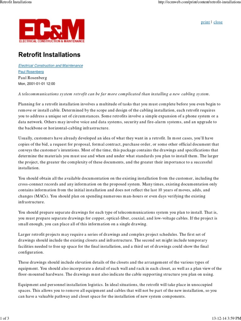 Retrofit Installations | PDF | Specification (Technical Standard) | Cable
