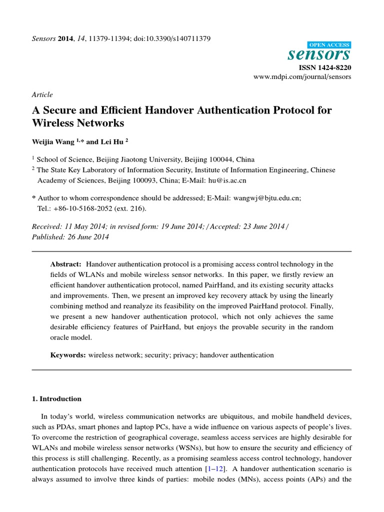 Sensors: A Secure and E Fficient Handover Authentication Protocol For Wireless Networks | PDF ...