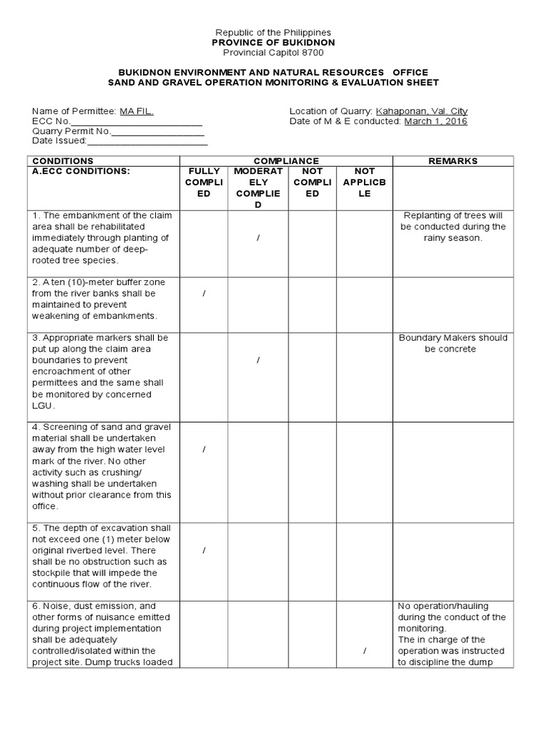 Sand And Gravel Monitoring And Evaluation Sheet Truck River