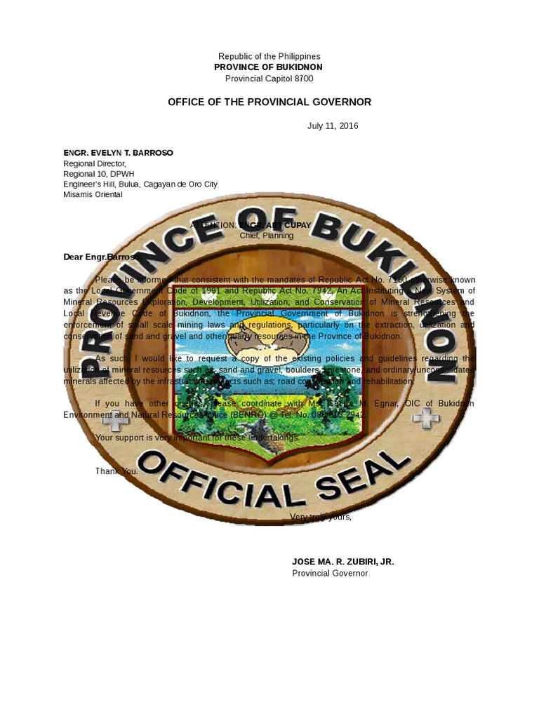 Letter Request To DPWH-10 | PDF | Mining | Economic Geology