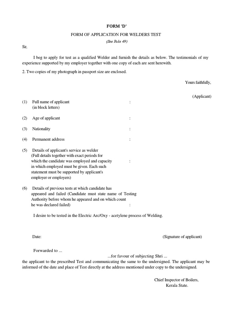 FORM D Application For Welder Test in Kerala | PDF