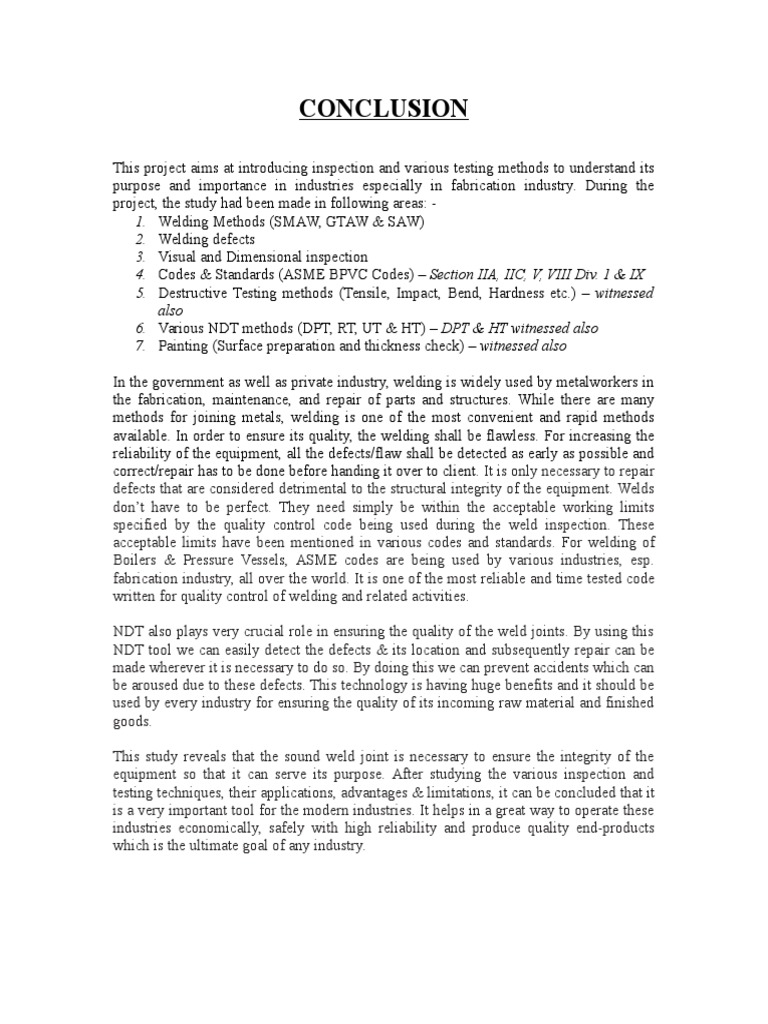 Conclusion (Project Report) | Nondestructive Testing | Welding