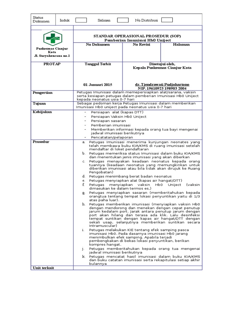 SOP Pemberian Imunisasi Hb0 | PDF