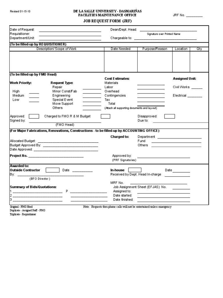 Job Request Form for Facilities Maintenance | PDF | Finance & Money ...