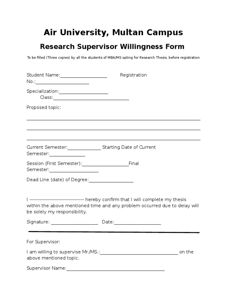 Air University, Multan Campus: Research Supervisor Willingness Form | PDF