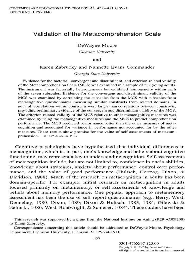 Validation of The Metacomprehension Scale | PDF | Reading Comprehension | Metacognition