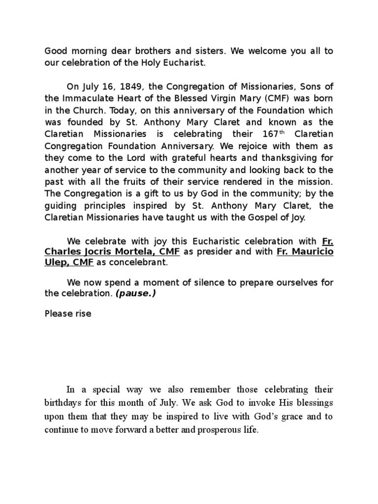 Charles Jocris Mortela, CMF As Presider and With Fr. Mauricio Ulep, CMF As Concelebrant | PDF