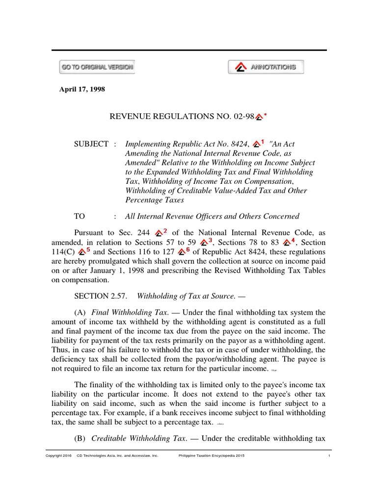 RR 2 - 98 As Amended | PDF | Withholding Tax | Capital Gains Tax