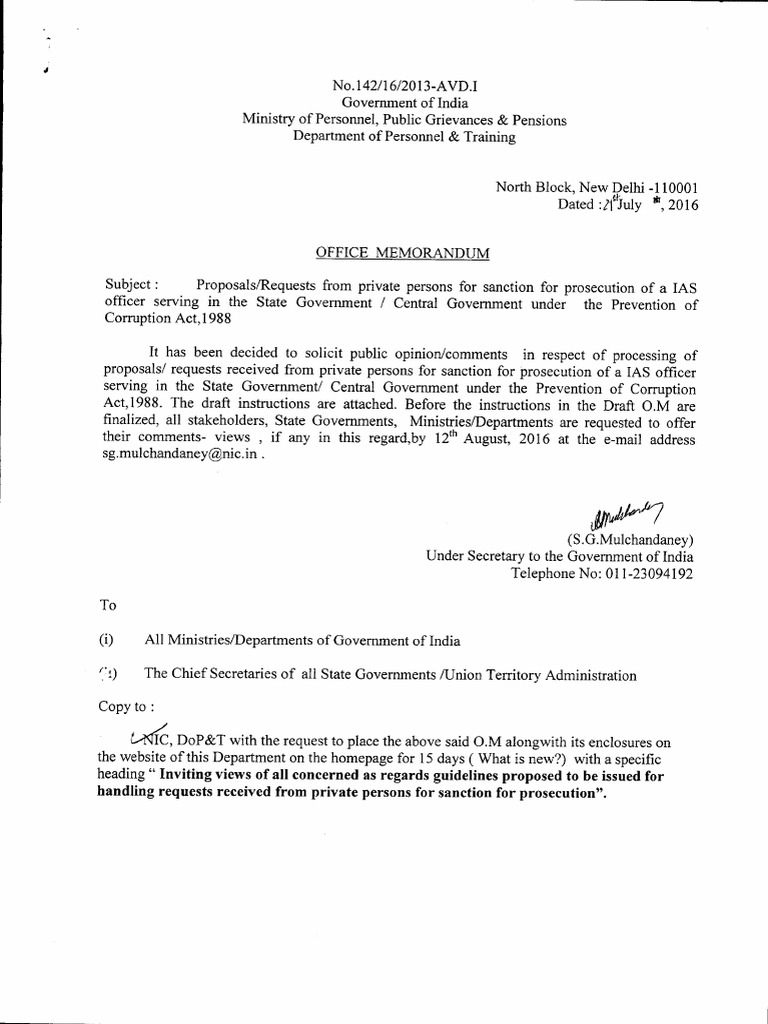 DoPT Office Memo for Prosecution of IAS Officers | Prosecutor ...