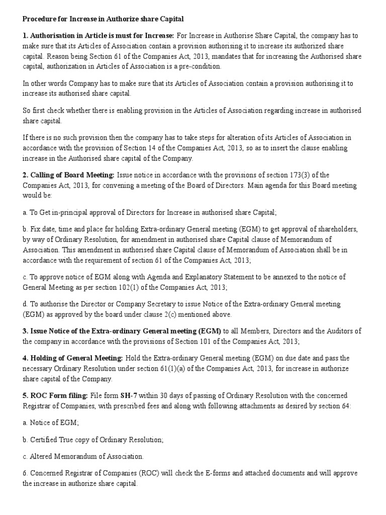 Procedure To Increase Authorized Share Capital | PDF | Articles Of ...