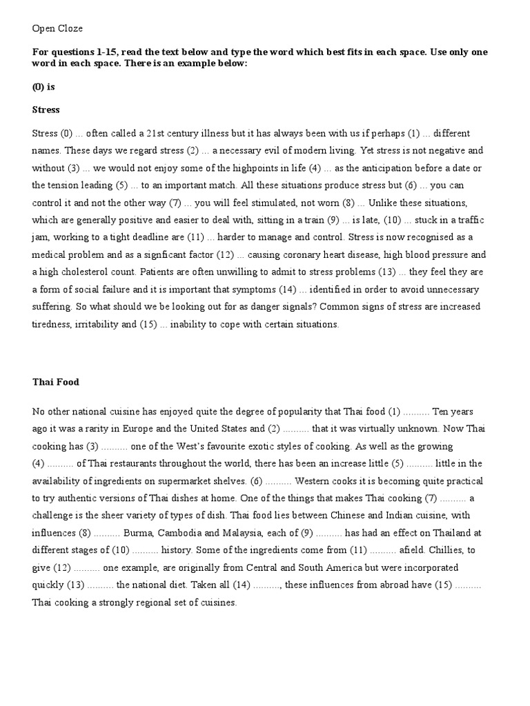 CAE Open Cloze | PDF | Thai Cuisine | Stress (Biology)
