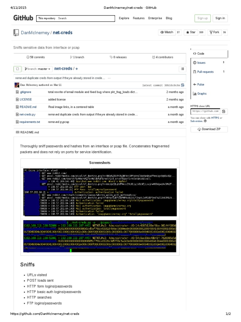 DanMcInerney - Net-Creds GitHub | PDF