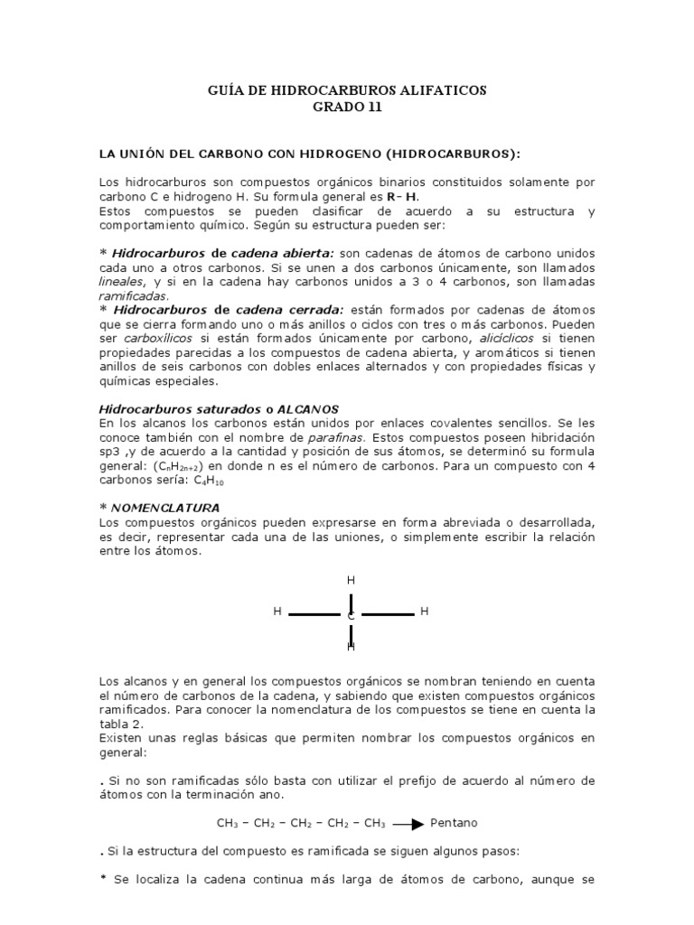 GUÍA DE HIDROCARBUROS ALIFATICOS Grado 11 | PDF | Alcano | Hidrocarburos