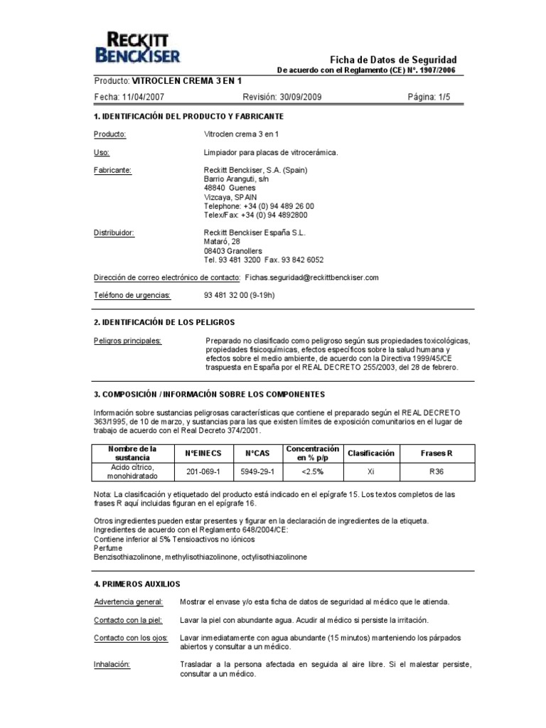 Ficha de Seguridad Vitroclen Crema 3 en 1 | PDF | Toxicidad | Detergente