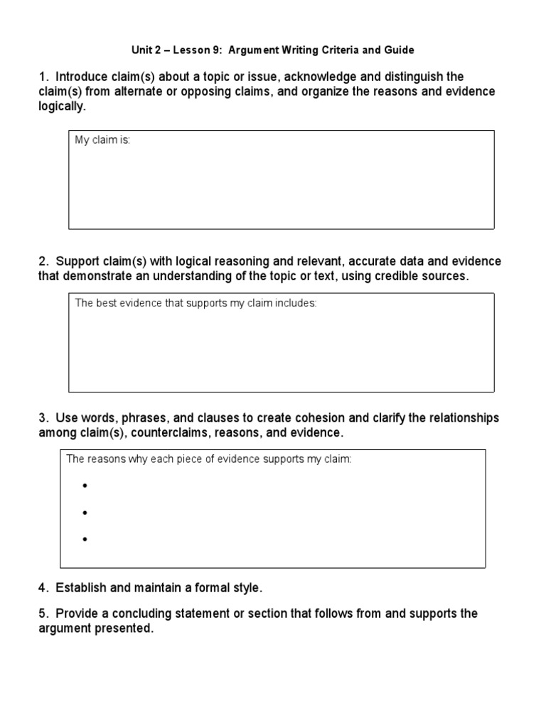 U2 l9 6 Argument Writing Criteria and Guide | PDF