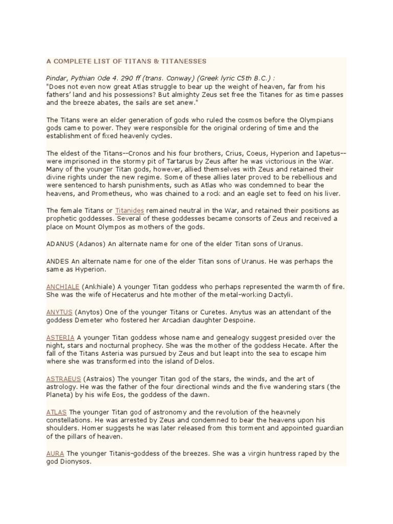 A Complete List of Titans | PDF | Zeus | Deities