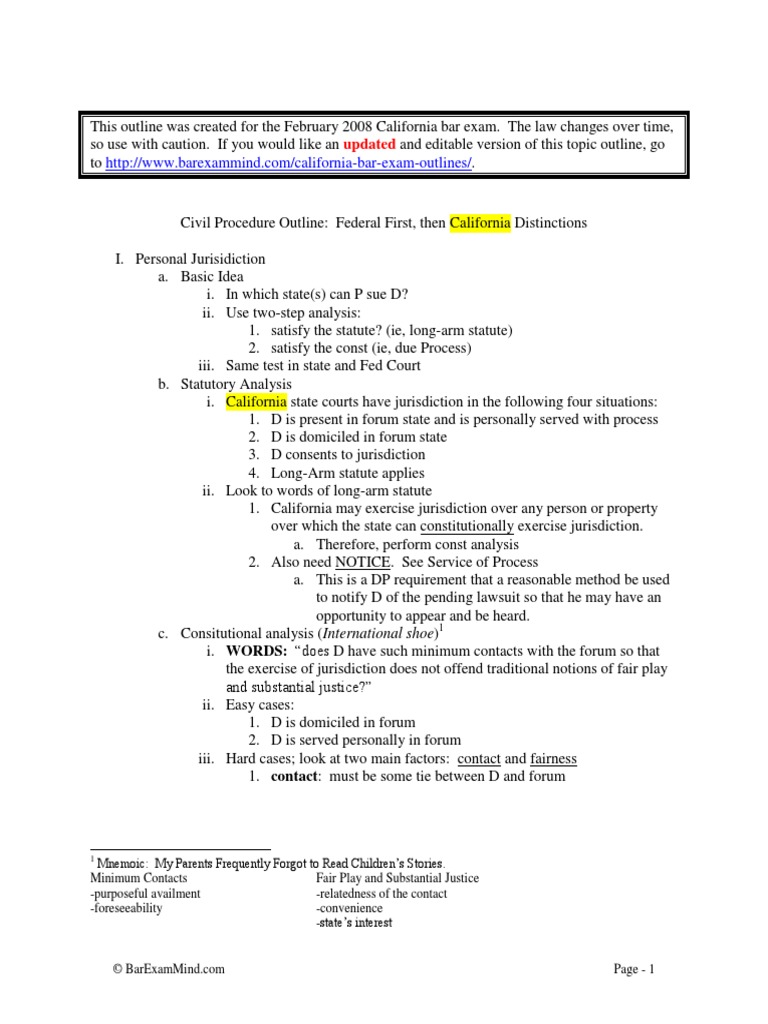 CAL Civil Procedure Outline | PDF | Discovery (Law) | Diversity ...