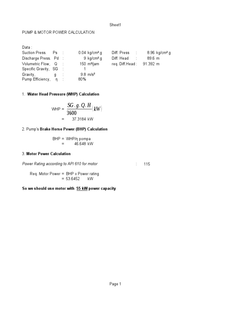 Pump & Motor Power Calculation | PDF