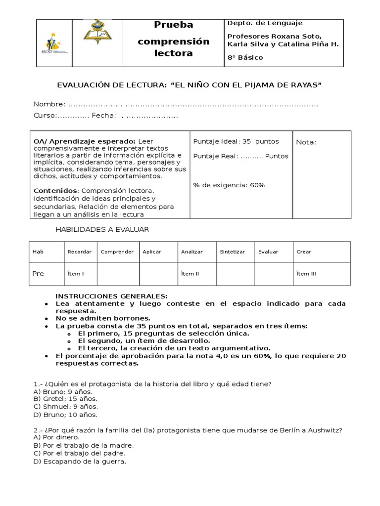 Prueba de Comprensión: El Niño con Pijama de Rayas | PDF | Lectura ...