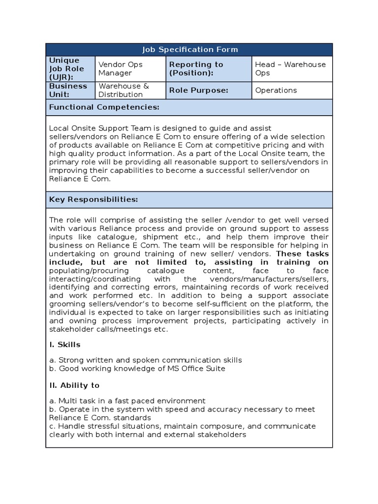 Supporting Sellers' Success: Job Specification for a Vendor Operations ...