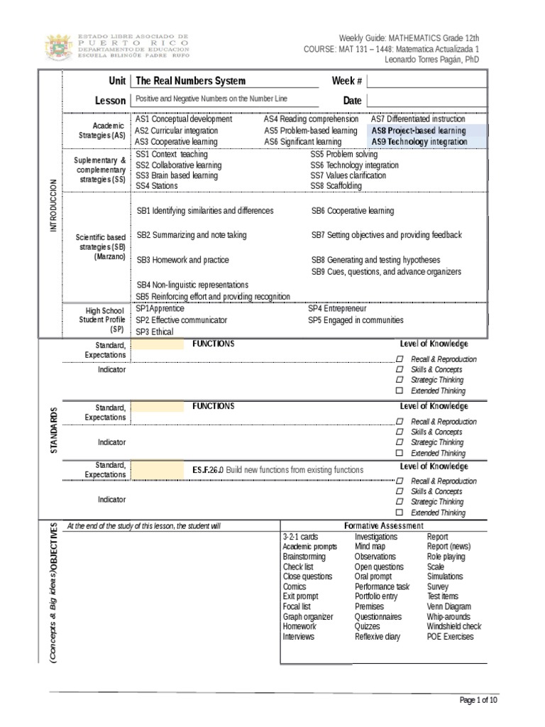 Unit The Real Numbers System Week # Lesson Date: AS8 Project-Based ...