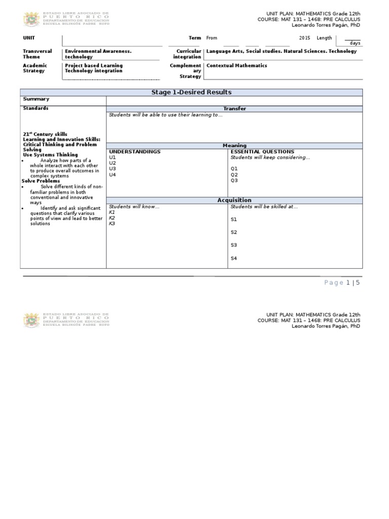 Grade 12 Precalculus Unit Plan | PDF | Rubric (Academic) | Educational ...