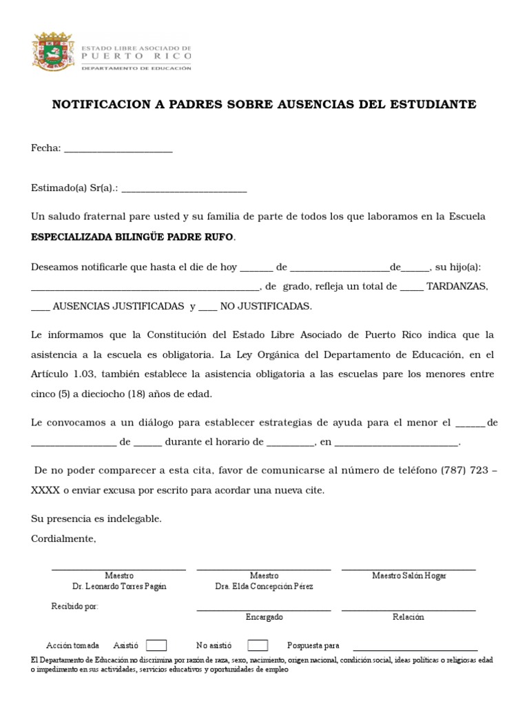 PR2016 Notificacion A Padres Sobre Ausencias Del Estudiante | PDF ...