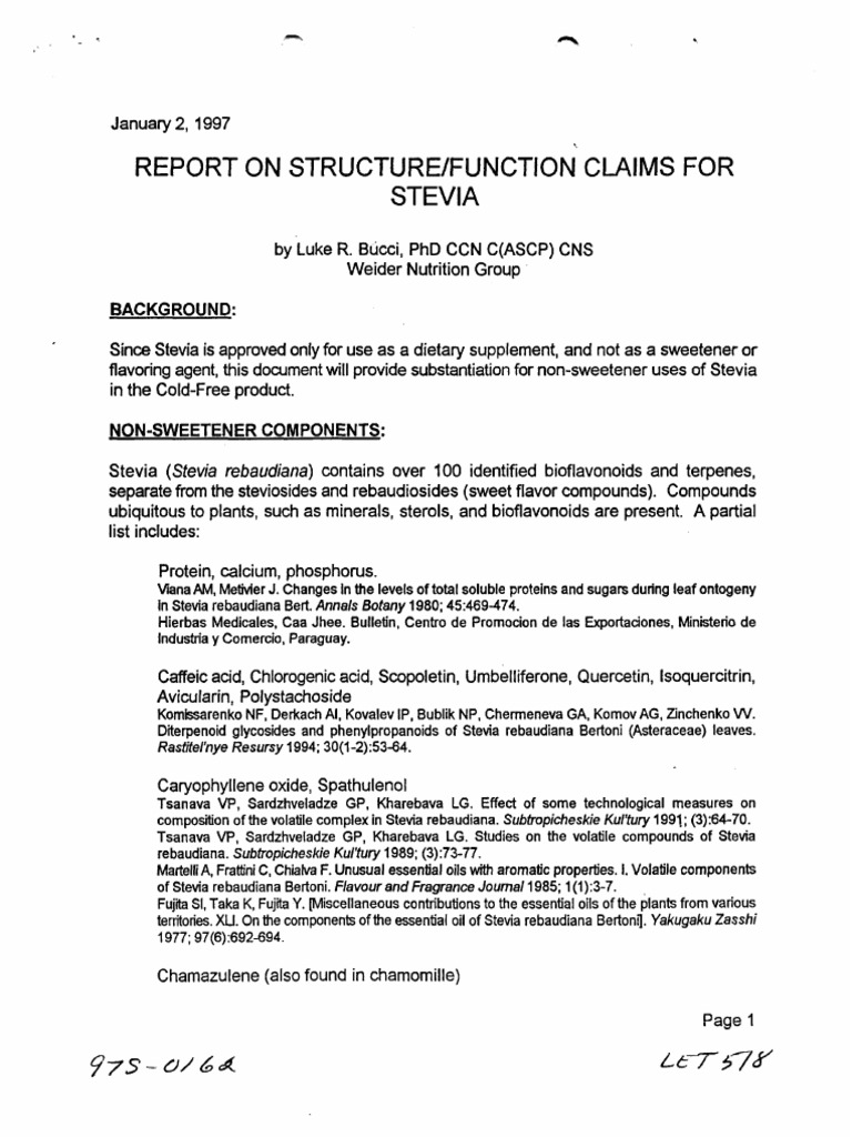 Report On Structure/Function Claims For Stevia: Kdtury 199! (3) :64-70 ...
