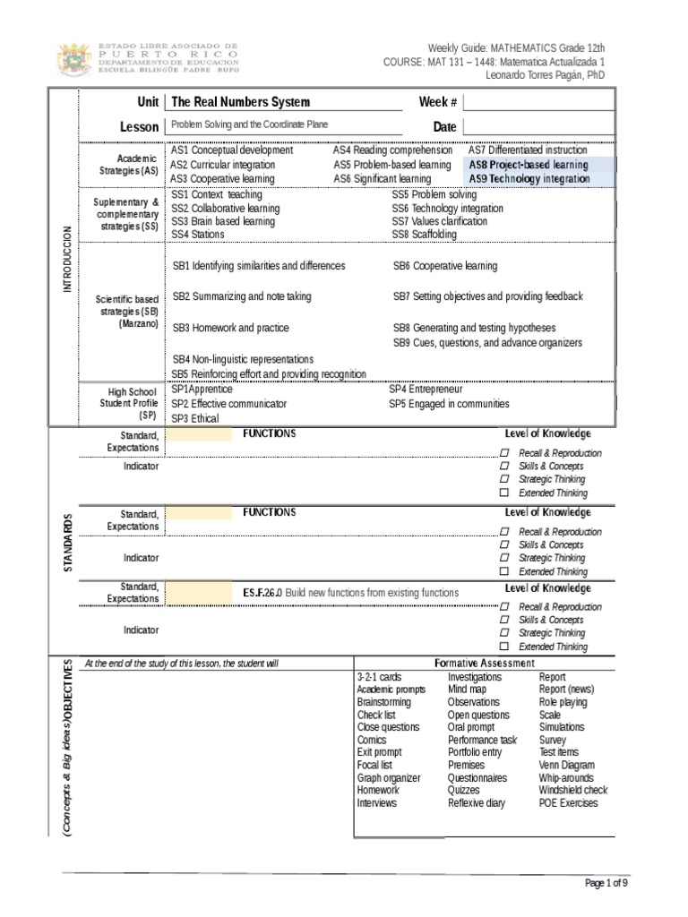 Unit The Real Numbers System Week # Lesson Date: AS8 Project-Based ...