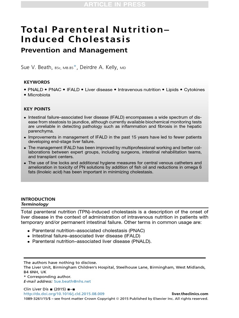 Total Parenteral Nutrition-Induced Cholestasis, Prevention and ...