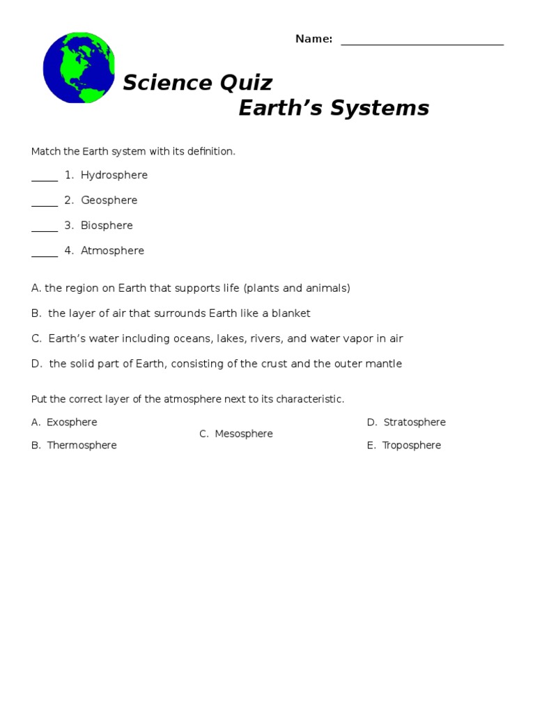Science Quiz - Earth's Systems | PDF