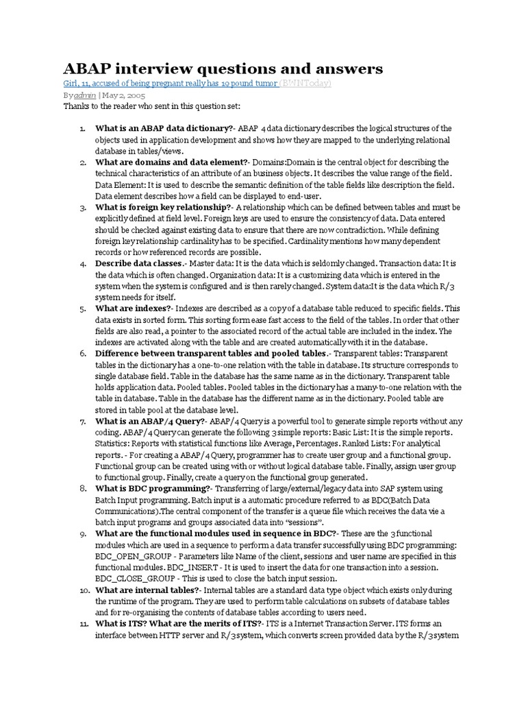 Sap Abap Interview Questions | PDF | Databases | Database Transaction