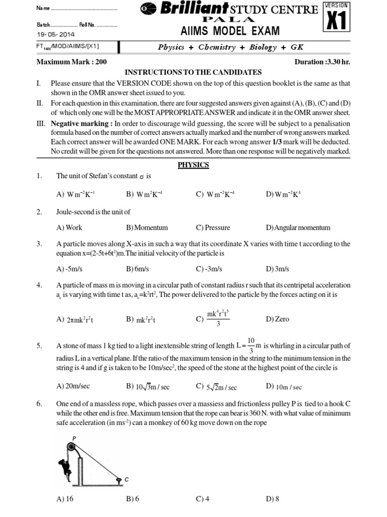 AIIMS Model Exam Question Paper | PDF | Hydroxide | Velocity