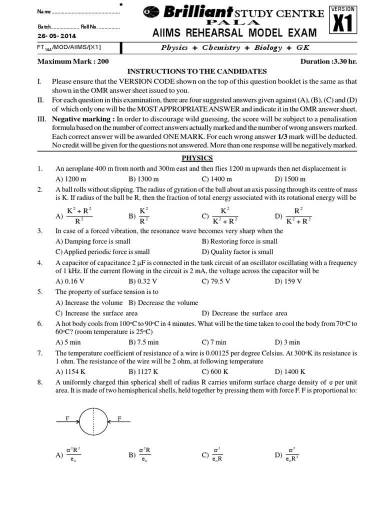 AIIMS - Mbbs Entrance Sample Question Paper | PDF | Adsorption ...