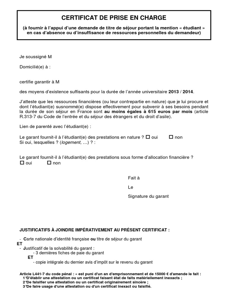 Certificat de Prise en Charge Etudiant | PDF