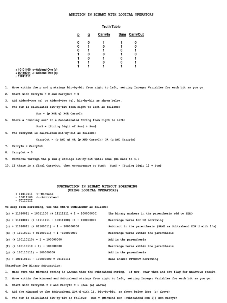Addition in Binary With Logical Operators | PDF | Subtraction ...