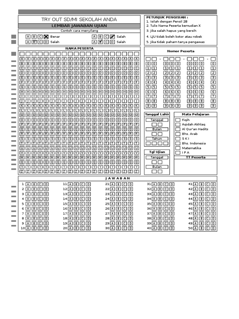 Try Out Sd/Mi Sekolah Anda: Lembar Jawaban Ujian | PDF