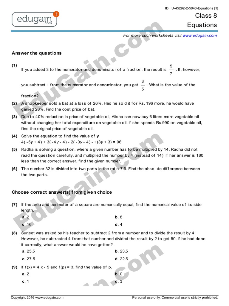 Class 8 Equations: Answer The Questions | PDF | Fraction (Mathematics ...