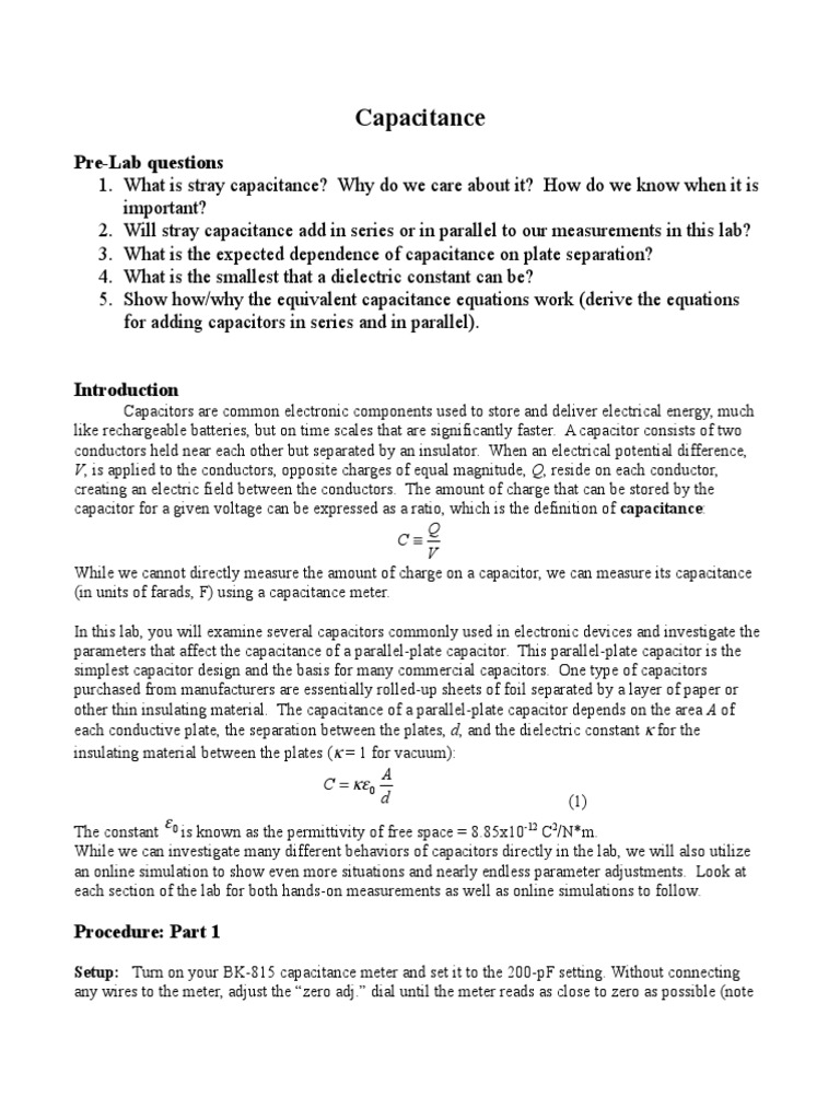 Capacitance Lab Exercise | PDF | Series And Parallel Circuits | Capacitor