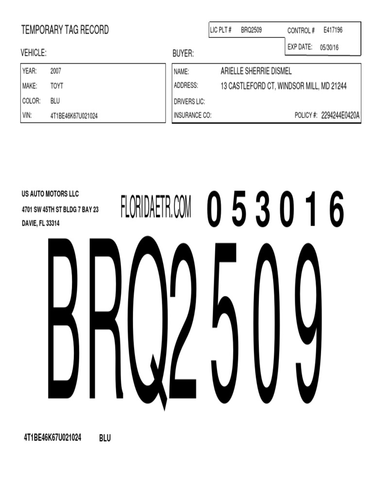 Temporary Tag Record: Buyer: Vehicle | PDF