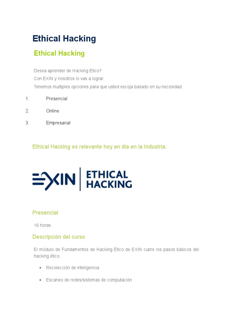 Curso de Hacking Ético EXIN | PDF | Sombrero Blanco (Seguridad ...