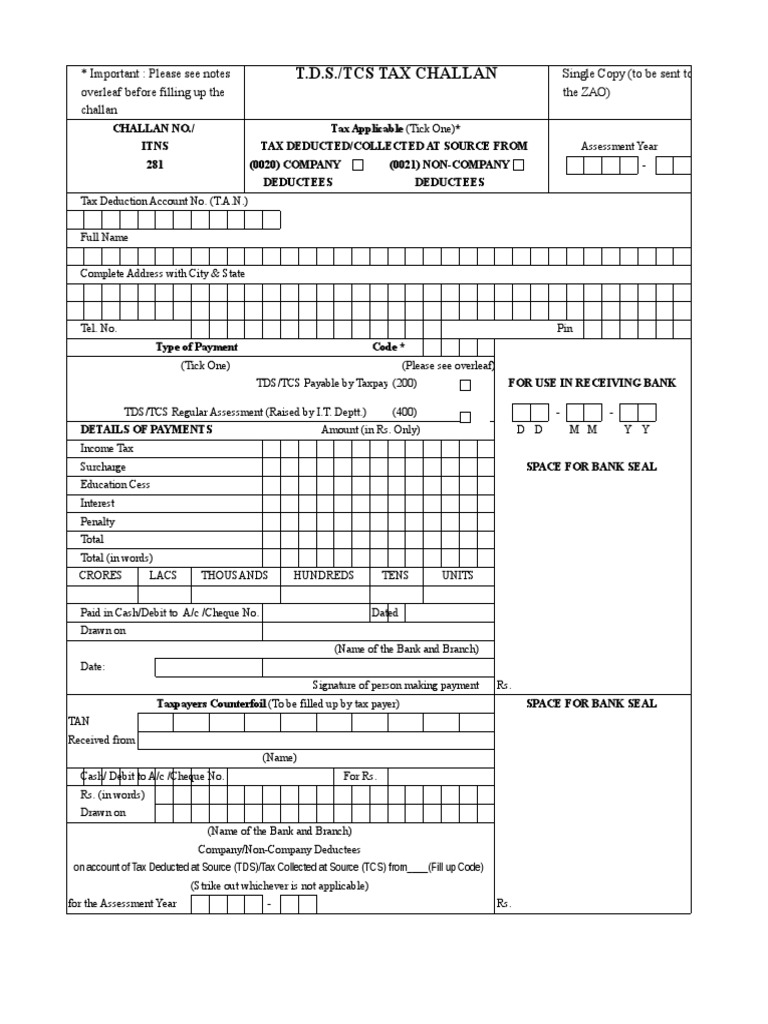 TDS Challan 281 Instructions and Format | PDF | Cheque | Taxation