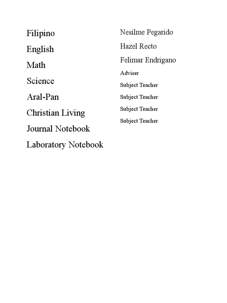 Filipino English Math Science Aral-Pan Christian Living Journal ...