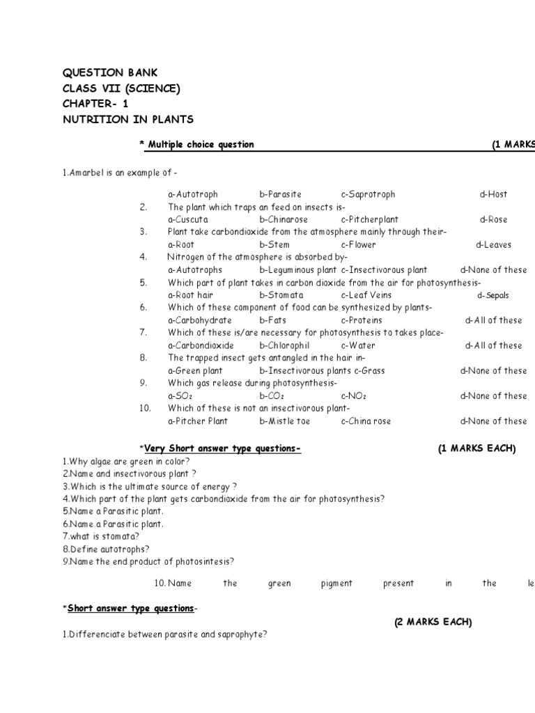 Question Bank Class Vii (Science) Chapter-1 Nutrition in Plants | PDF ...