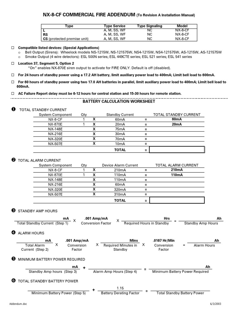 Nx-8-Cf Commercial Fire Addendum: Battery Calculation Worksheet | PDF