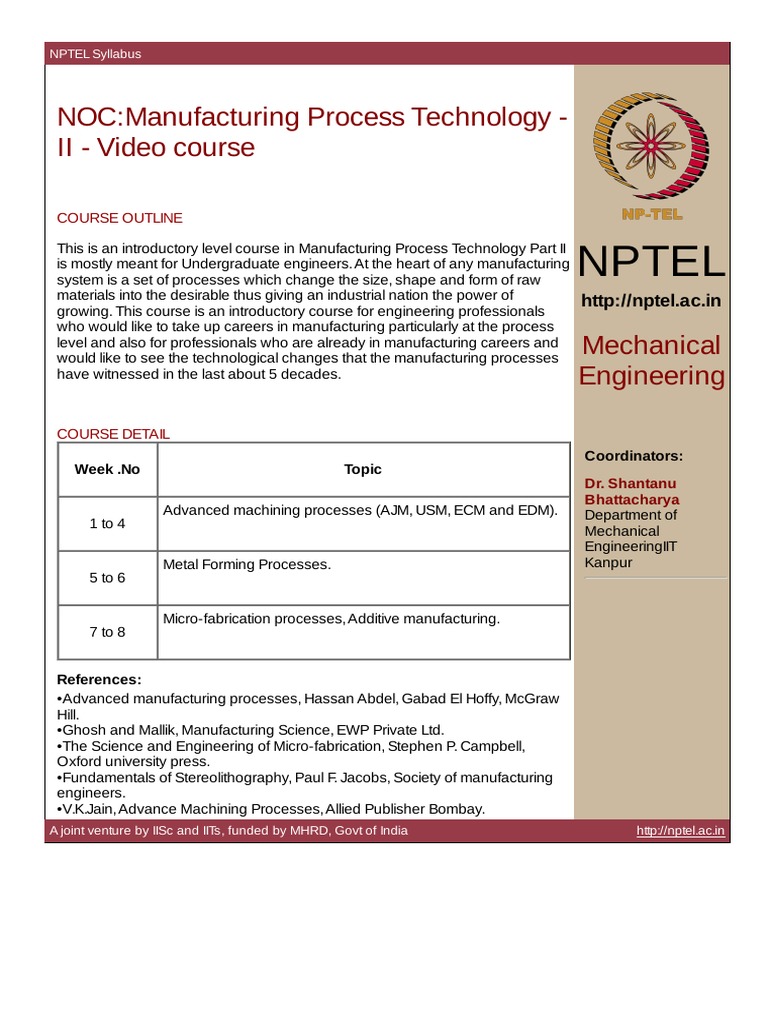 Nptel: NOC:Manufacturing Process Technology - II - Video Course | PDF