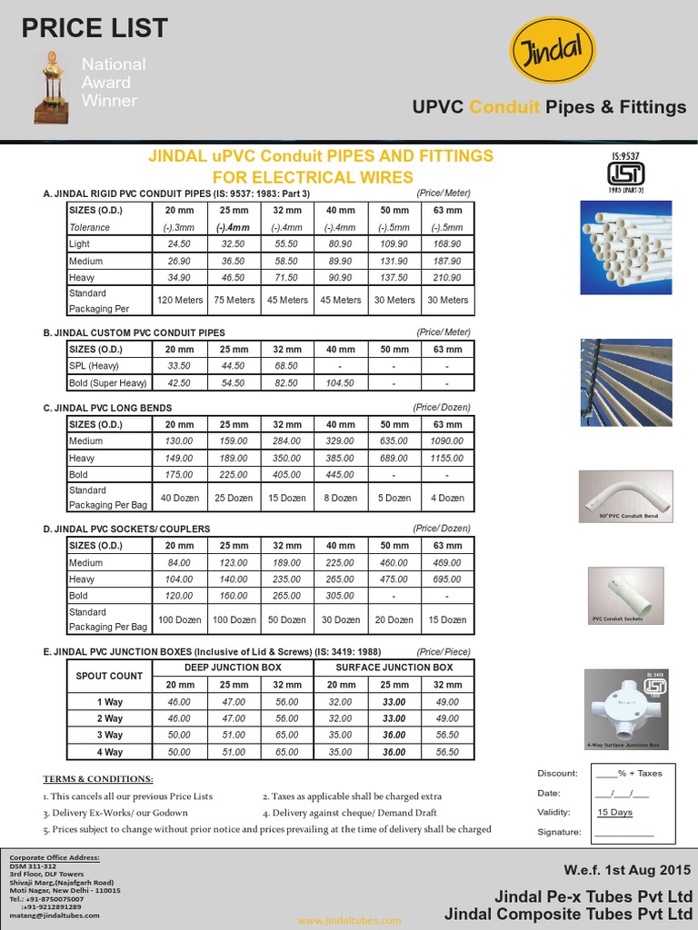 Jindal UPVC Conduit Pipe - Pricelist W e F 1st Aug 2015 | PDF