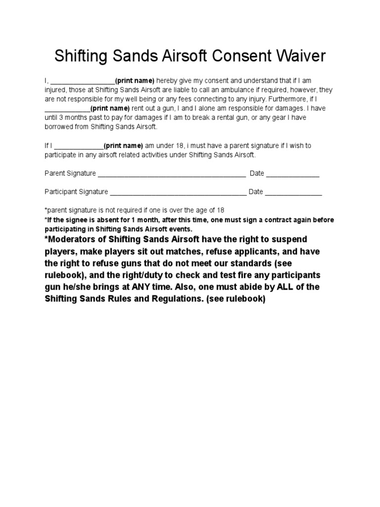 Shifting Sands Airsoft Consent Waiver | PDF | Finance & Money ...